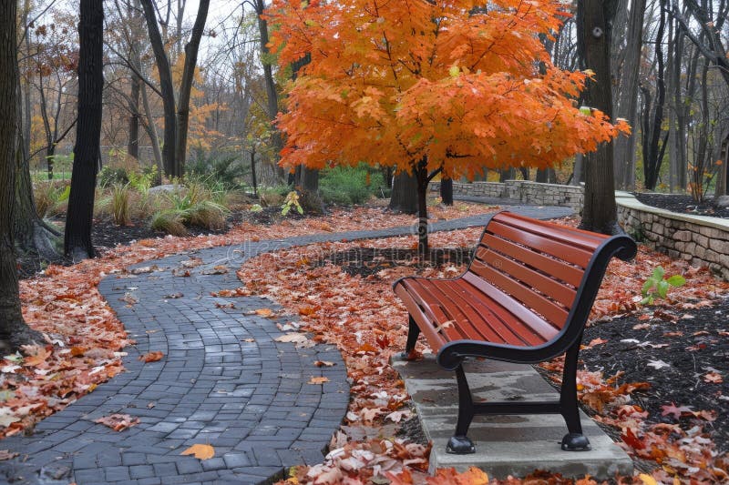 Serene Autumn Park Bench beside a Colorful Maple Tree Stock ...
