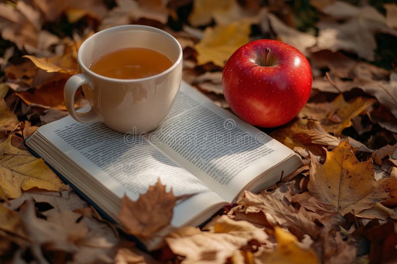 Autumn Scene with Book, Tea, and Apple among Leaves Stock Illustration ...