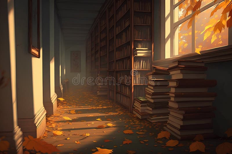 Autumn Scene with Books in the Library. 3d Render Stock Illustration ...