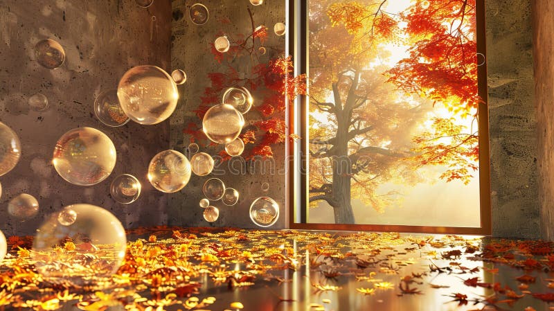 Autumn Scene with Bubble Balls and Window. 3D Rendering Stock ...