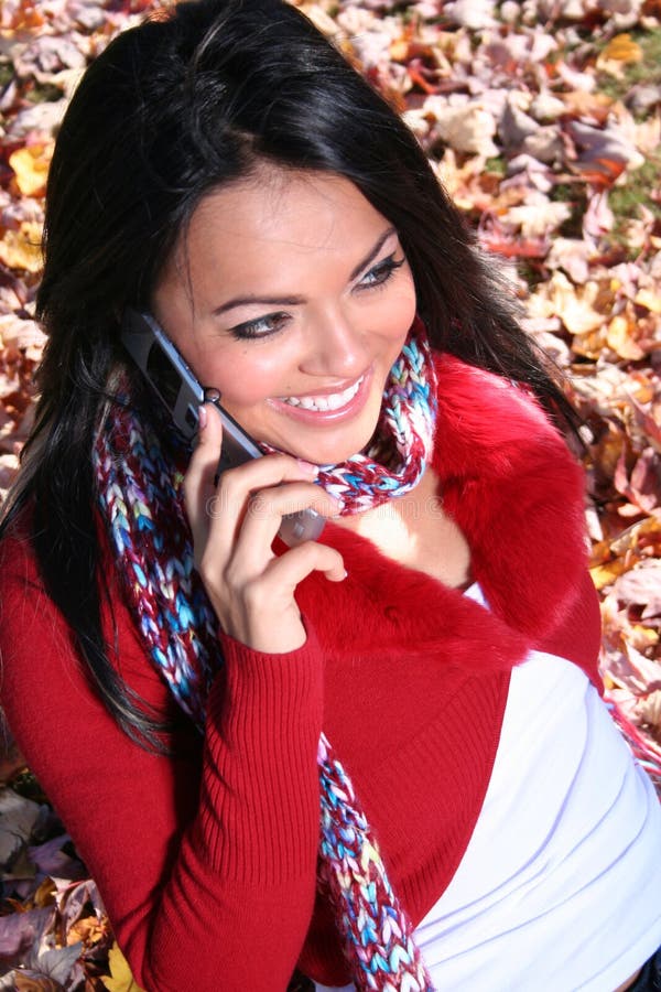 Autumn Scene Fall Woman with Cell Phone Stock Image - Image of smile ...
