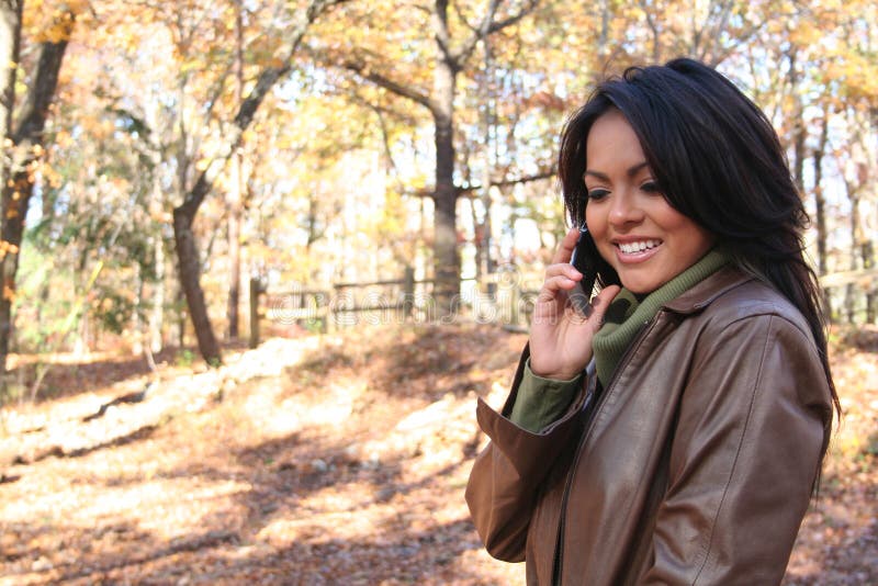 Autumn Scene Fall Woman with Cell Phone Stock Image - Image of phone ...