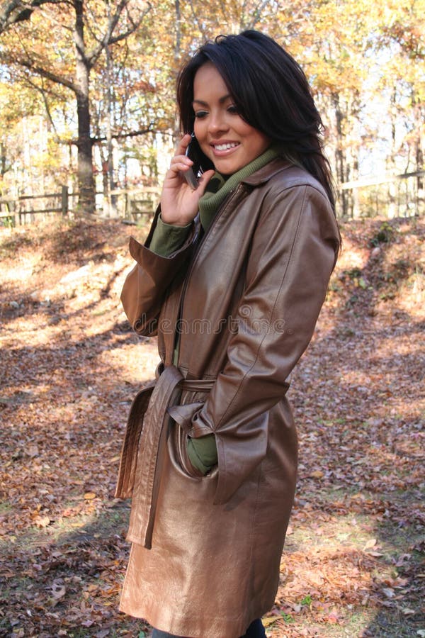 Autumn Scene Fall Woman with Cell Phone Stock Image - Image of cold ...