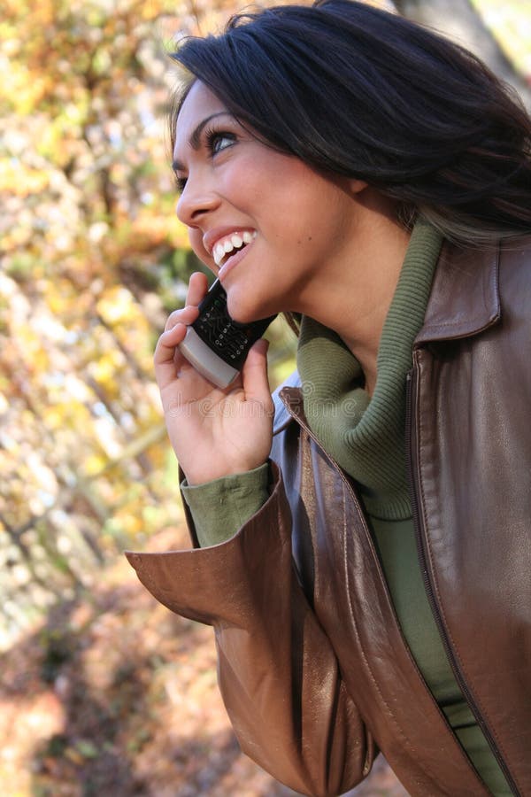 Autumn Scene Fall Woman with Cell Phone Stock Image - Image of long ...