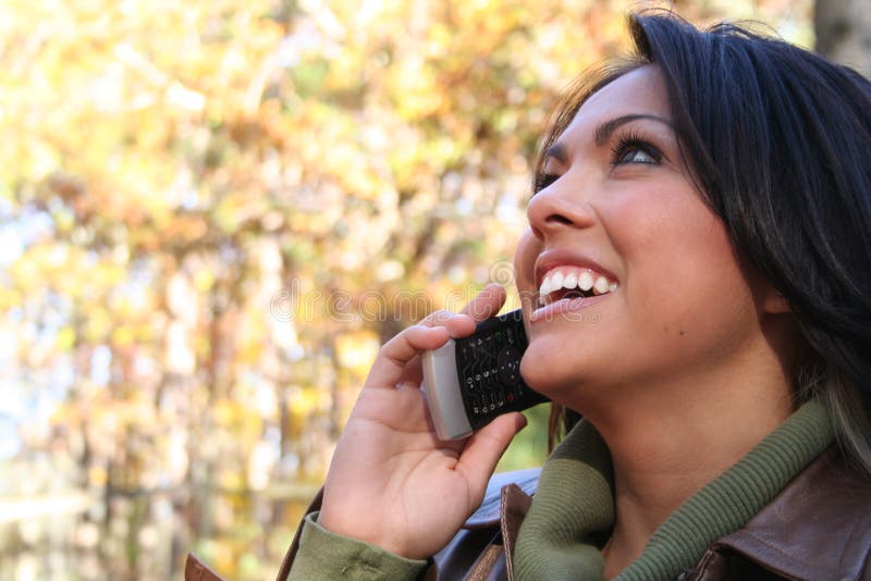 Autumn Scene Fall Woman with Cell Phone Stock Image - Image of hair ...
