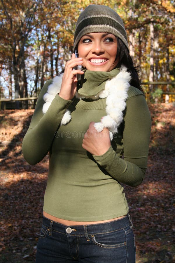 Autumn Scene Fall Woman with Cell Phone Stock Image - Image of smile ...