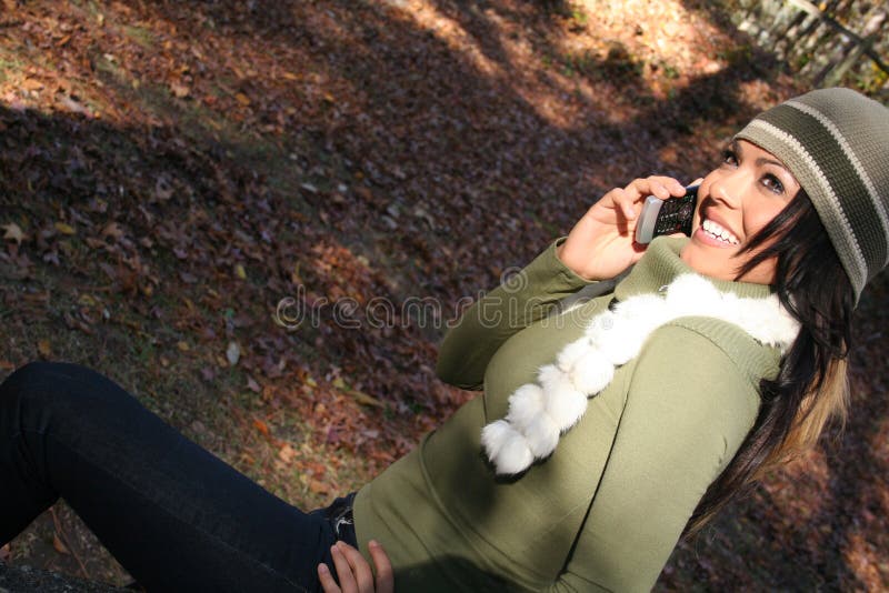 Autumn Scene Fall Woman with Cell Phone Stock Image - Image of ...