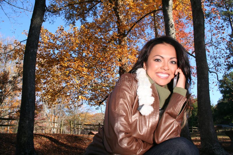 Autumn Scene Fall Woman with Cell Phone Stock Image - Image of talking ...