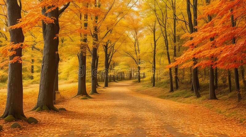 Autumn Scene Featuring a Forest Path Covered in Colorful Leaves Stock ...