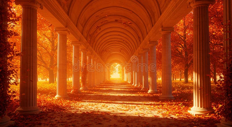 An Autumn Scene Featuring a Long Colonnade Lined with Classical Columns ...