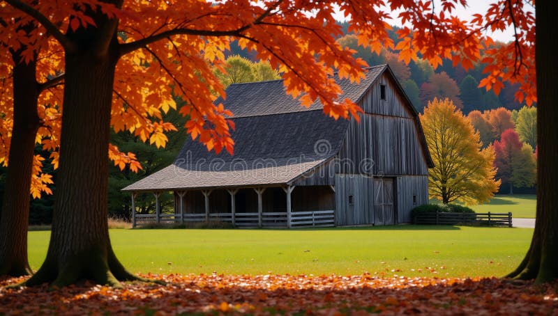 Autumn Scene Featuring Vibrant Leaf Colors Surrounding an Oldfashioned ...