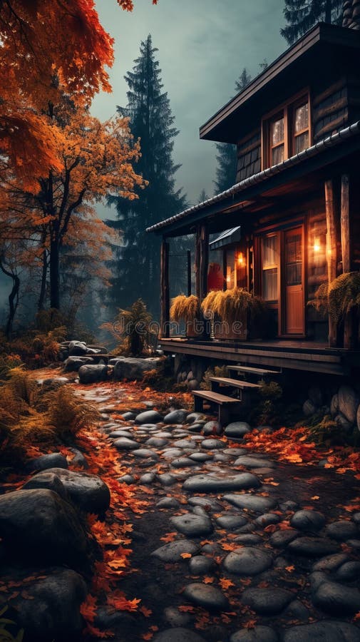 An Autumn Scene with a Log Cabin in the Woods Stock Illustration ...