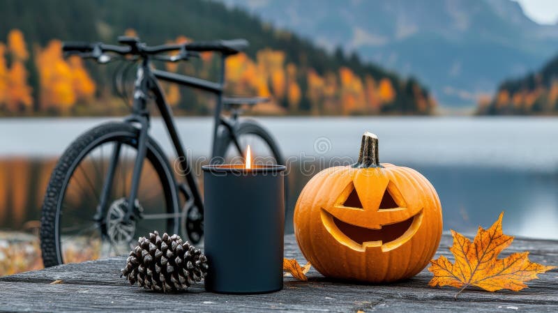 Autumn Scene with a Pumpkin Candle Pine Cone and Bicycle by the Lake ...