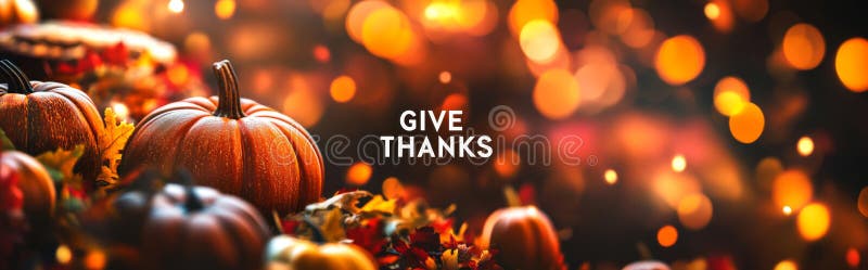 Autumn Scene with Pumpkins, Fall Leaves, Pie, and Give Thanks Message ...