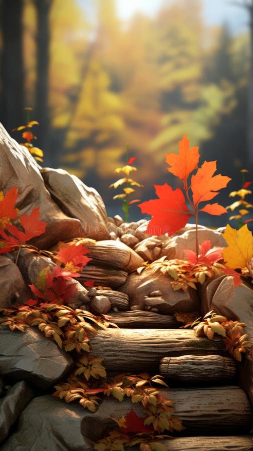 An Autumn Scene with Rocks Leaves and Trees Stock Illustration ...