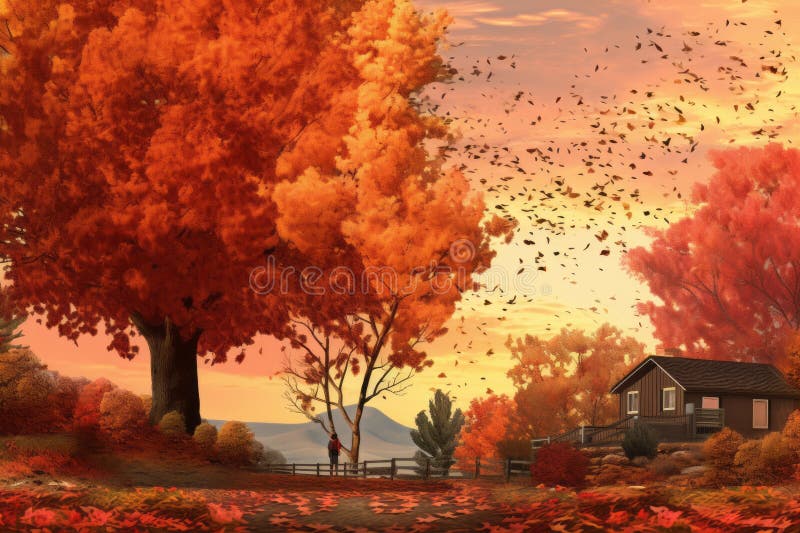 An Autumn Scene with Trees and a House Stock Illustration ...