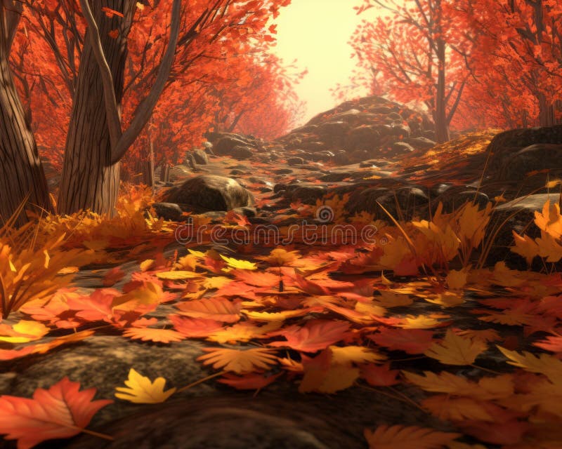 An Autumn Scene with Trees Rocks and Leaves Stock Illustration ...
