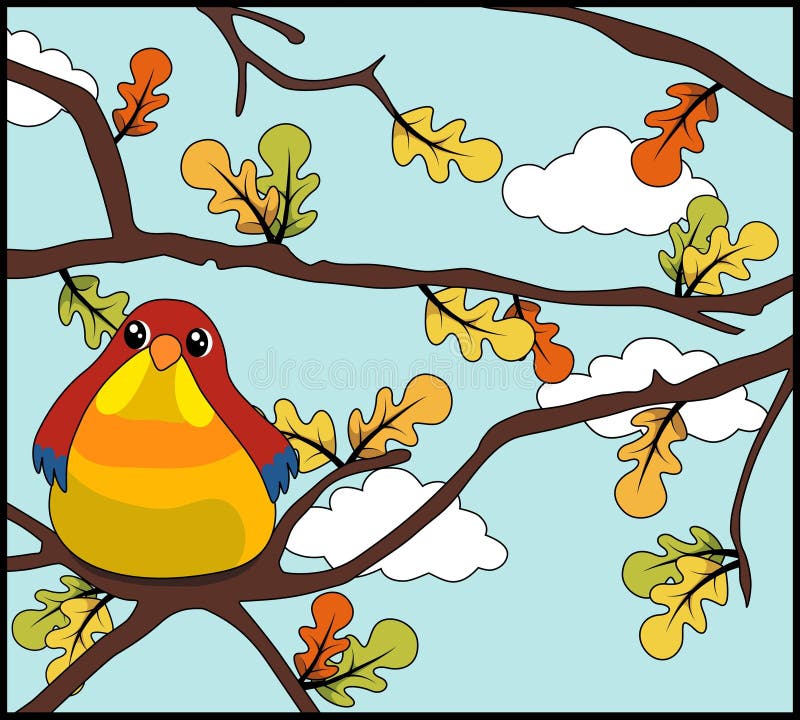 Autumn Scenery with a Bird Siting on Fall Branch with Oak Leaves and ...