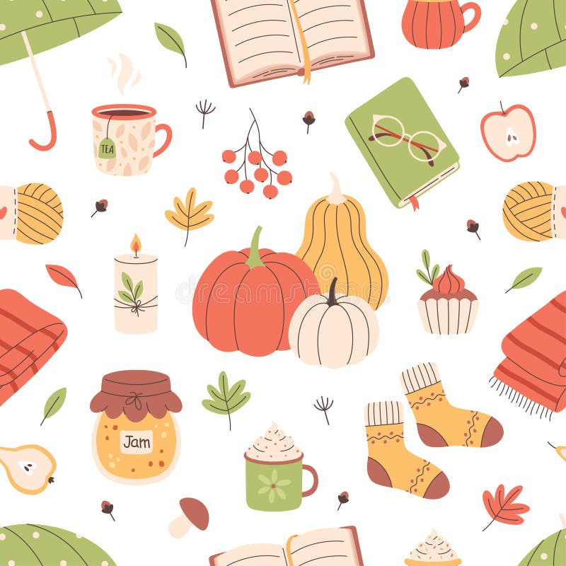 Autumn Seamless Pattern. Cute and Cozy Seasonal Objects Stock Vector ...