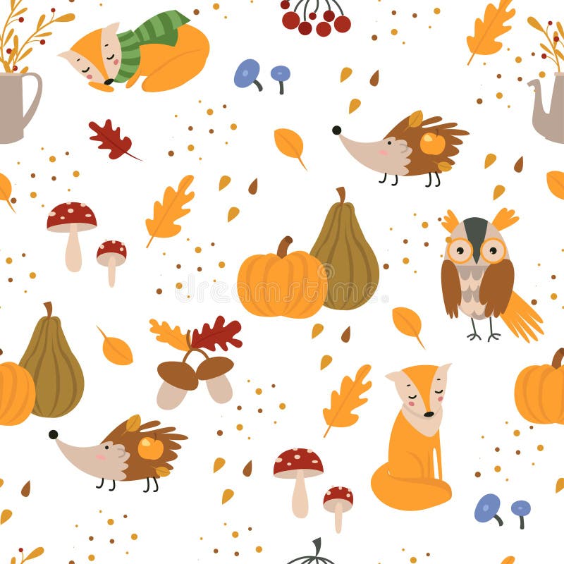 Autumn Seamless Pattern with Cute Forest Animals Stock Vector ...
