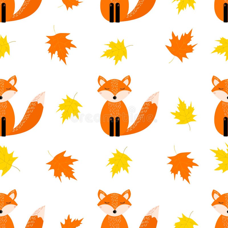 Autumn Seamless Pattern with Cute Fox, Leaves on the White Background ...