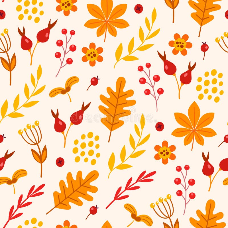 Autumn Seamless Pattern with Flowers and Falling Leaves Stock Vector ...
