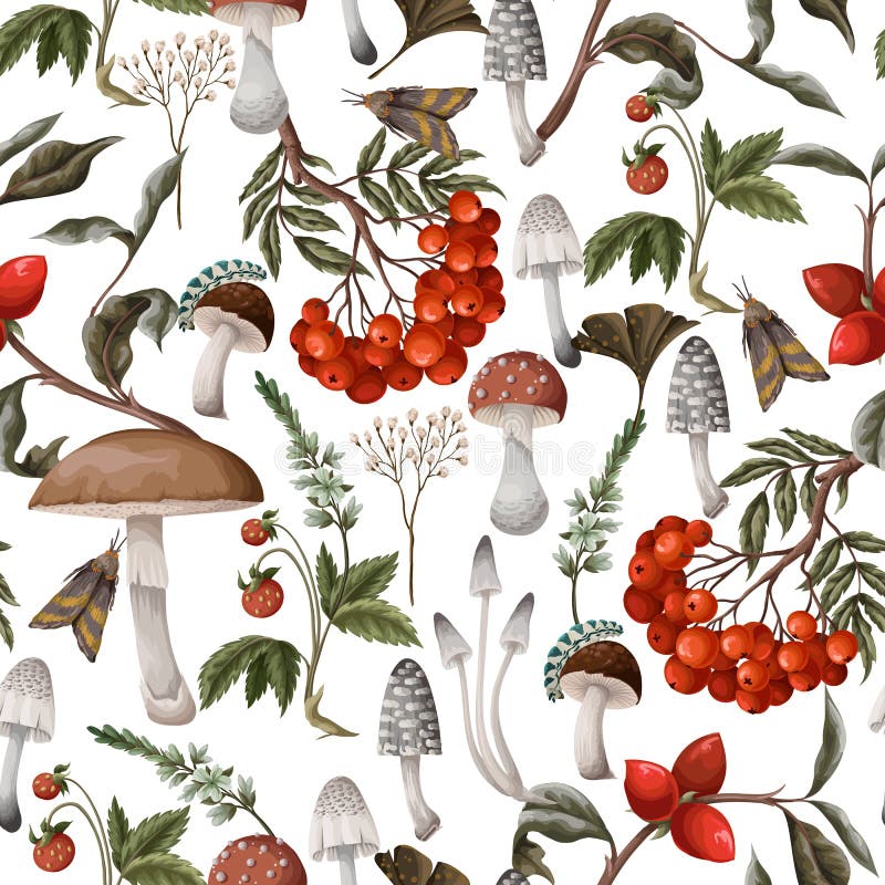 Autumn Seamless Pattern with Mushrooms, Berries and Plants. Botanical ...