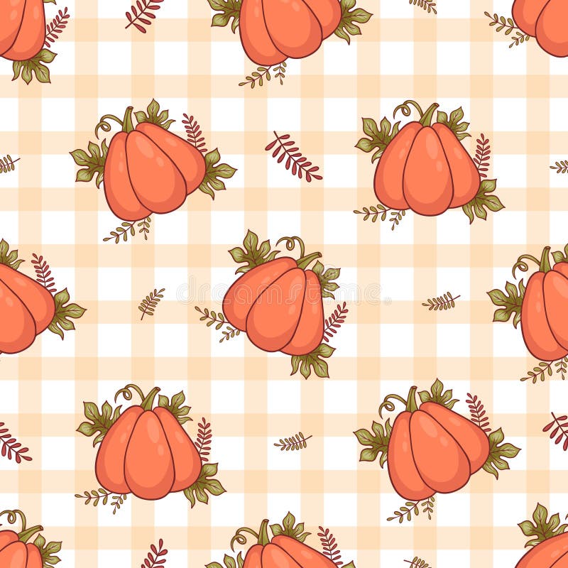 Autumn Seamless Pattern with Orange Pumpkin with Leaves on Checkered ...