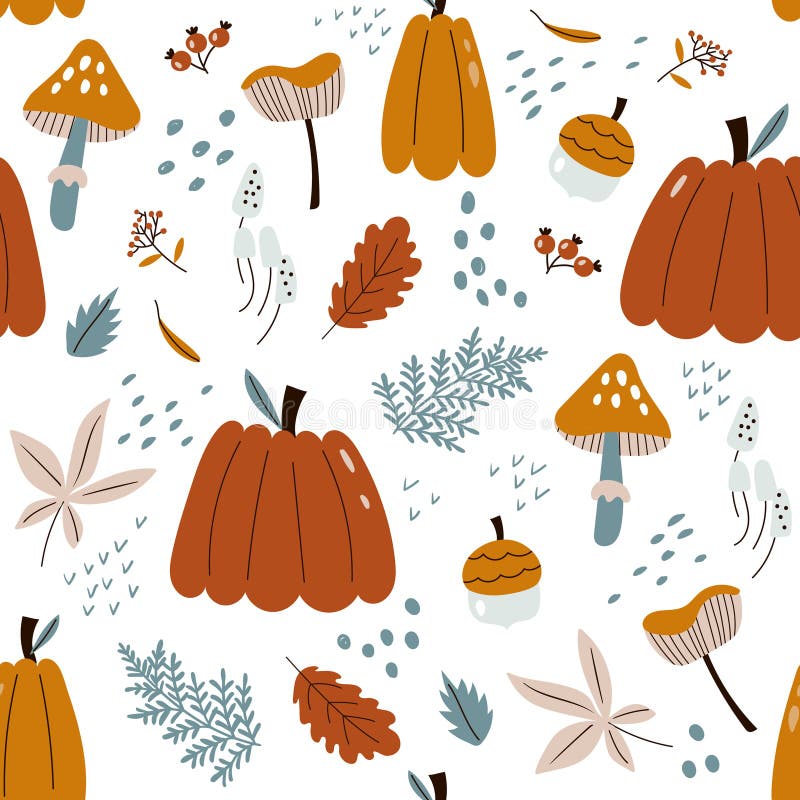 Autumn Seamless Pattern with Pumpkin, Leaves, Acorn, Mushrooms. Vector ...