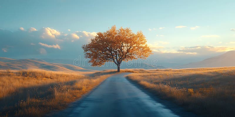 Autumn Serenity Lone Tree on Scenic Path Breathtaking Landscape Stock ...