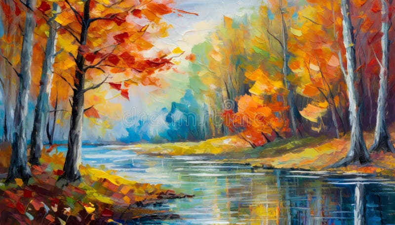 Autumn Serenity by the River - Abstract Impressionist Landscape Stock ...