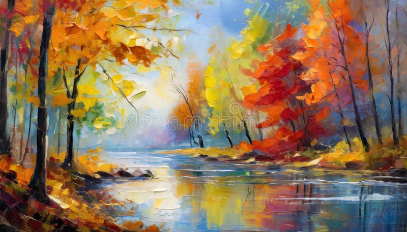 Autumn Serenity by the River - Abstract Impressionist Landscape Stock ...