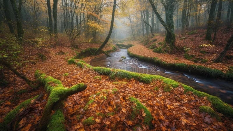 Autumn Serenity: a Winding River through a Dense Forest Stock ... Autumn Serenity: a Winding River through a Dense Forest Stock ...