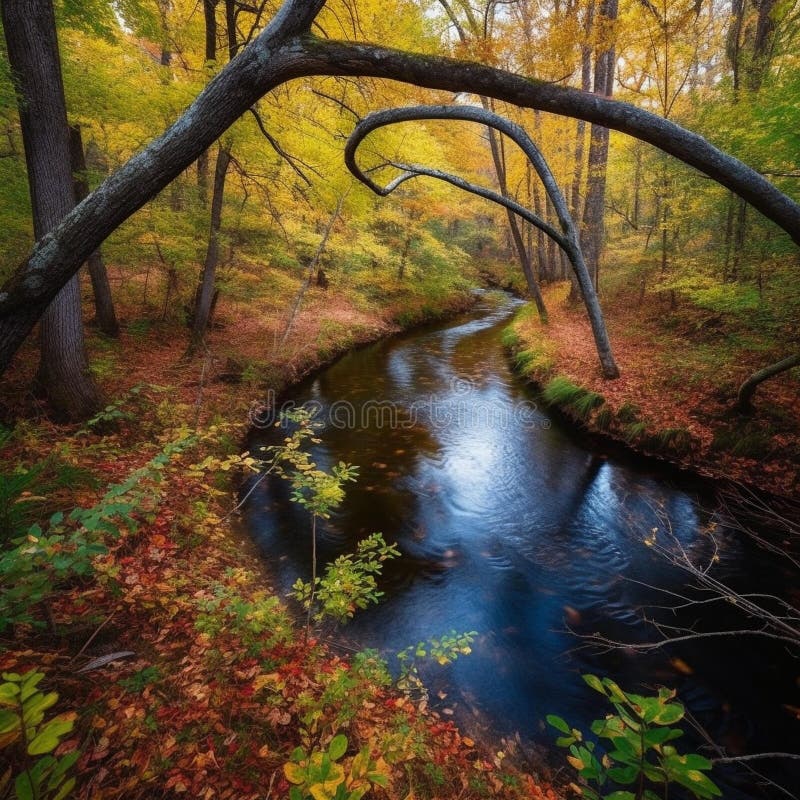 Autumn Serenity: a Winding River through a Lush Forest Stock ... Autumn Serenity: a Winding River through a Lush Forest Stock ...