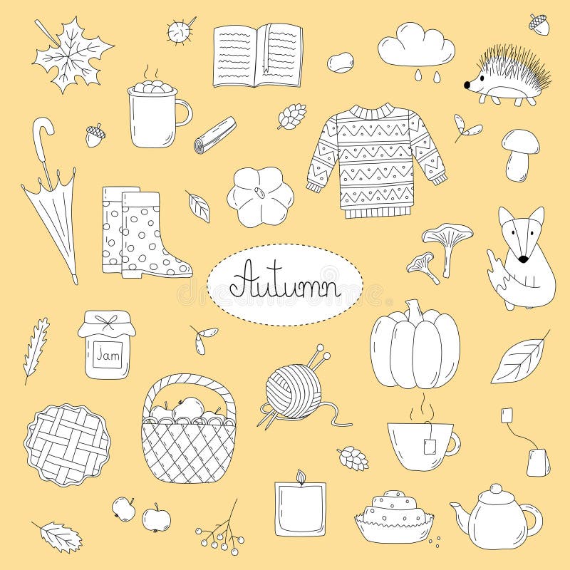Autumn Set in Doodle Style, Cozy Fall Things, Vector Stock Vector ...