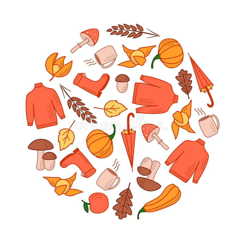 Autumn Set of Elements, Fall Vector Objects, Doodle Style Stock Vector ...