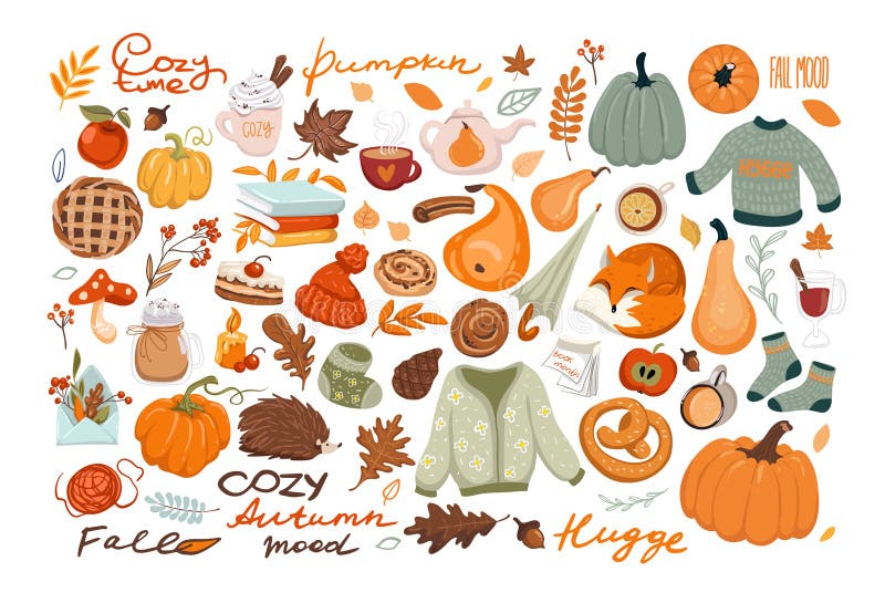 Autumn Set with Hand Drawn Elements. Calligraphy, Fall Leaves, Animals ...