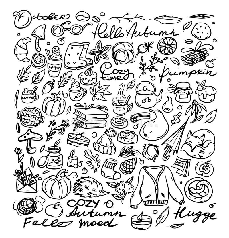 Autumn Set with Hand Drawn Elements. Calligraphy, Fall Leaves, Animals ...