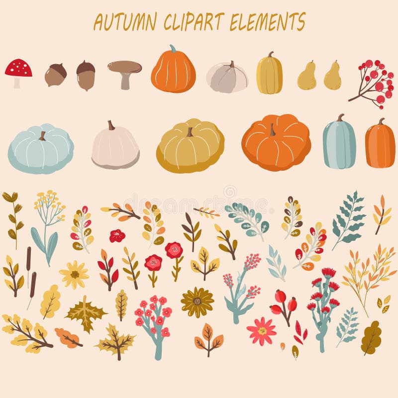 Autumn Set, Hand Drawn Elements, Fall Leaves, Pumpkins and Other. Stock ...