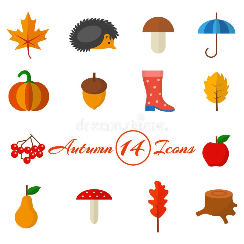 Autumn Set of 14 Icons in a Flat Style Stock Vector - Illustration of ...