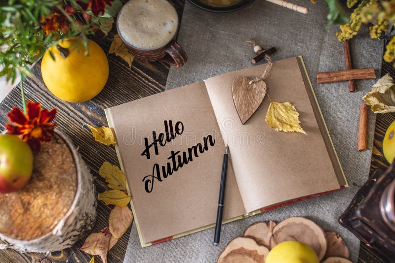 Autumn Set of Yellow Leaves and Flowers. Notebook with Open Pages on ...