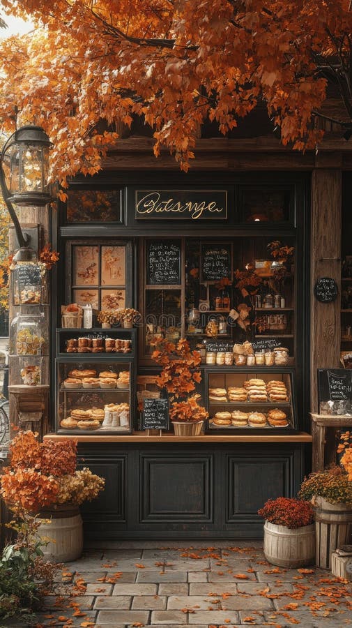 Autumn Shopfront Illustration - Cozy Bakery with Fall Foliage Stock ...