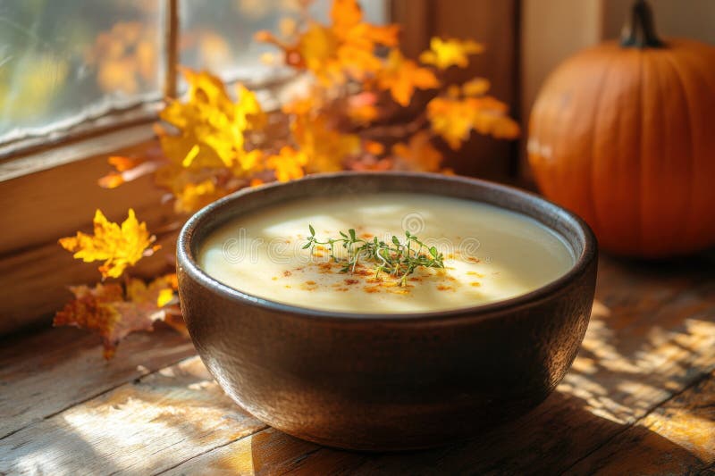 Autumn Soup Scene, a Cozy Bowl of Creamy Soup on a Rustic Table with ...