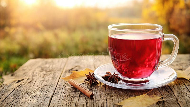 Autumn Spiced Tea, Outdoor Wood Table, Sunset Stock Illustration ...