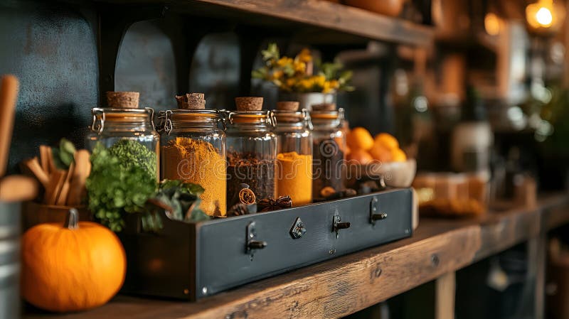Autumn Spices and Ingredients in a Vintage Spice Rack Stock ...