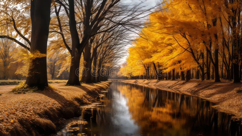 Autumn Splendor: a Captivating Yellow Tree by the Water Stock ...