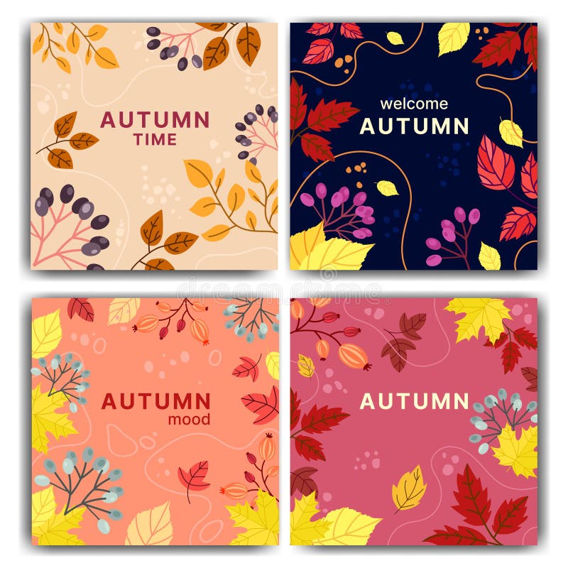 Autumn Square Background Template Set with Bright Beautiful Leaves and ...