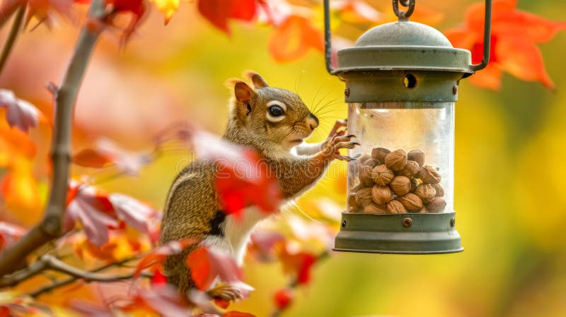 Autumn Squirrel Snacking from Bird Feeder Stock Image - Image of ...