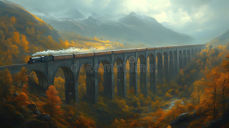 Autumn Steam Train Crossing Valley Viaduct Stock Illustration ...