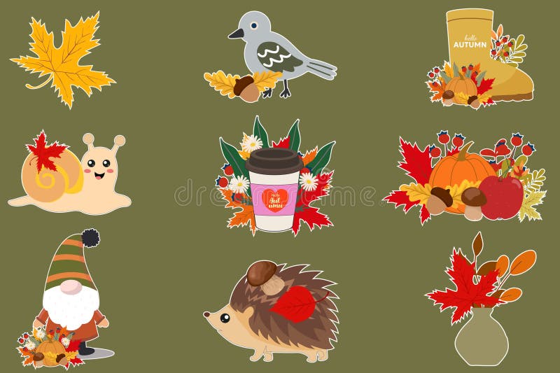 Autumn Stickers Collection. Cozy Fall Icons. Hedgehog, Snail, Cocoa ...